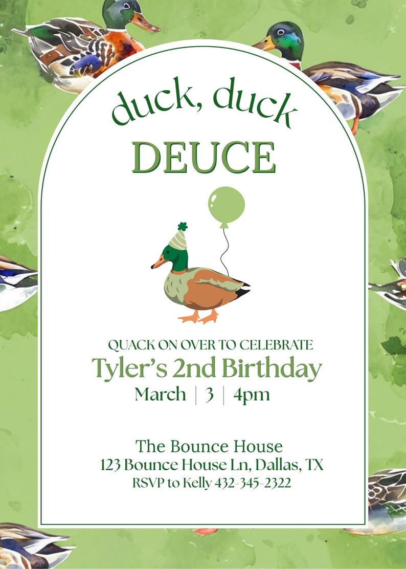 Duck Duck Deuce 2nd Birthday Invitation | Mallard Party (canva Editable ...