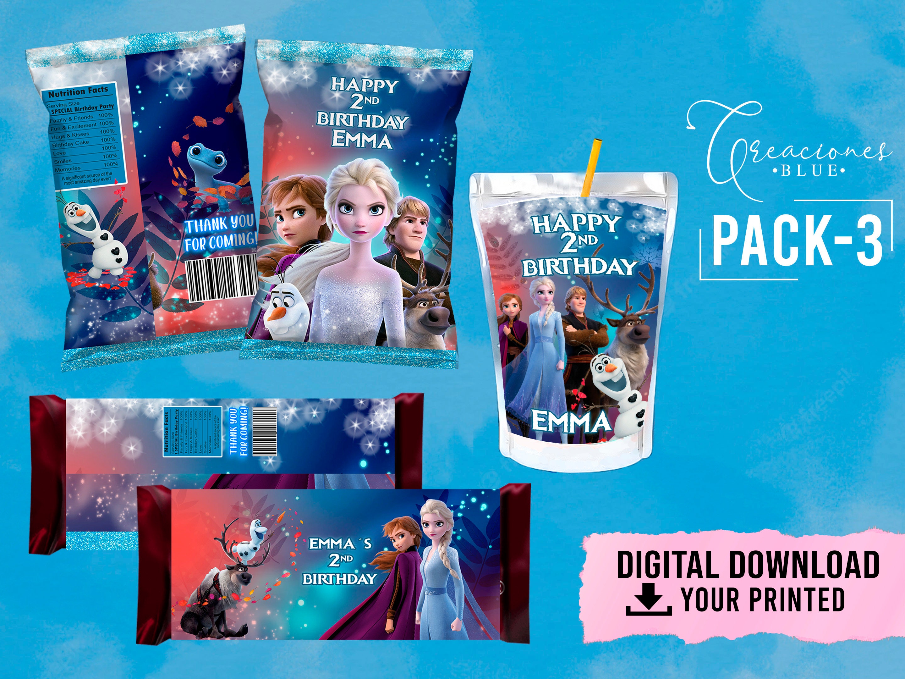 Frozen Birthday Party, Chip Bag Label, Juice Pouch Label, Chocolate Bar ...