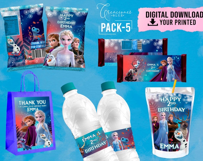Frozen Birthday Party, Chip Bag Label, Juice Pouch Label, Chocolate Bar ...