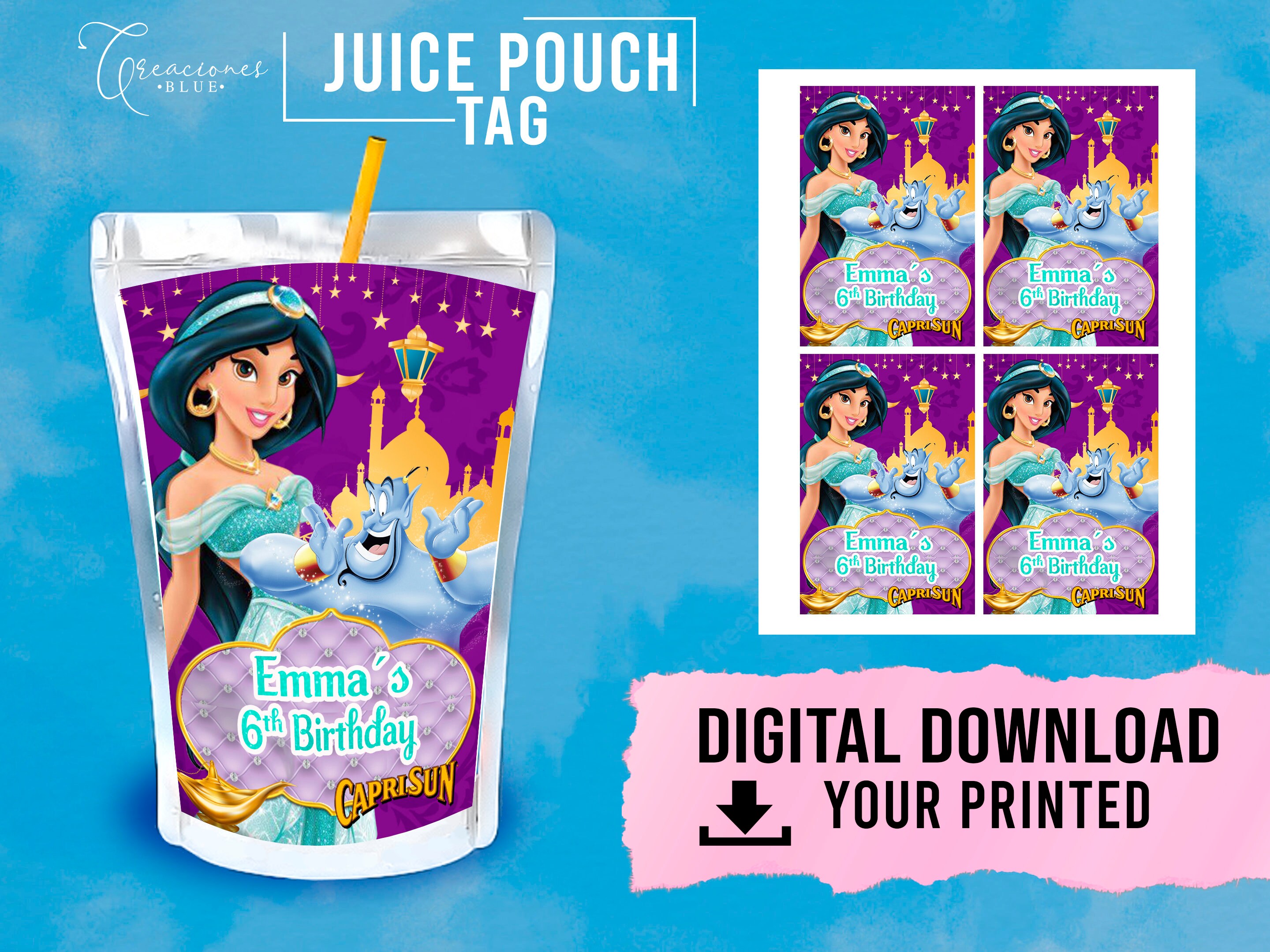 Princess Jasmine Juice Pouch Labels Digital Download YOUR - Etsy