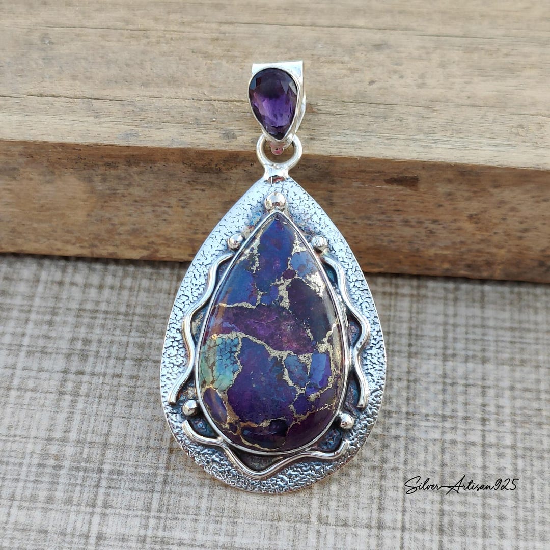Handmade Sterling Silver Pear Turquoise Pendant: Amethyst Gemstone ...