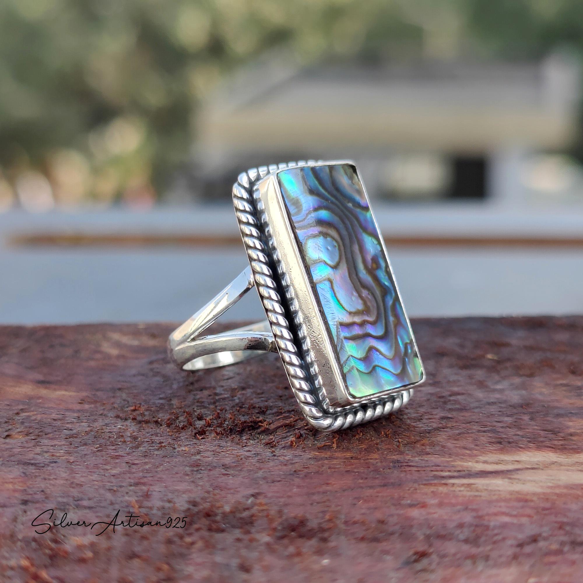 Sterling Silver Abalone Shell Ring: Rectangle Gemstone Statement Ring ...