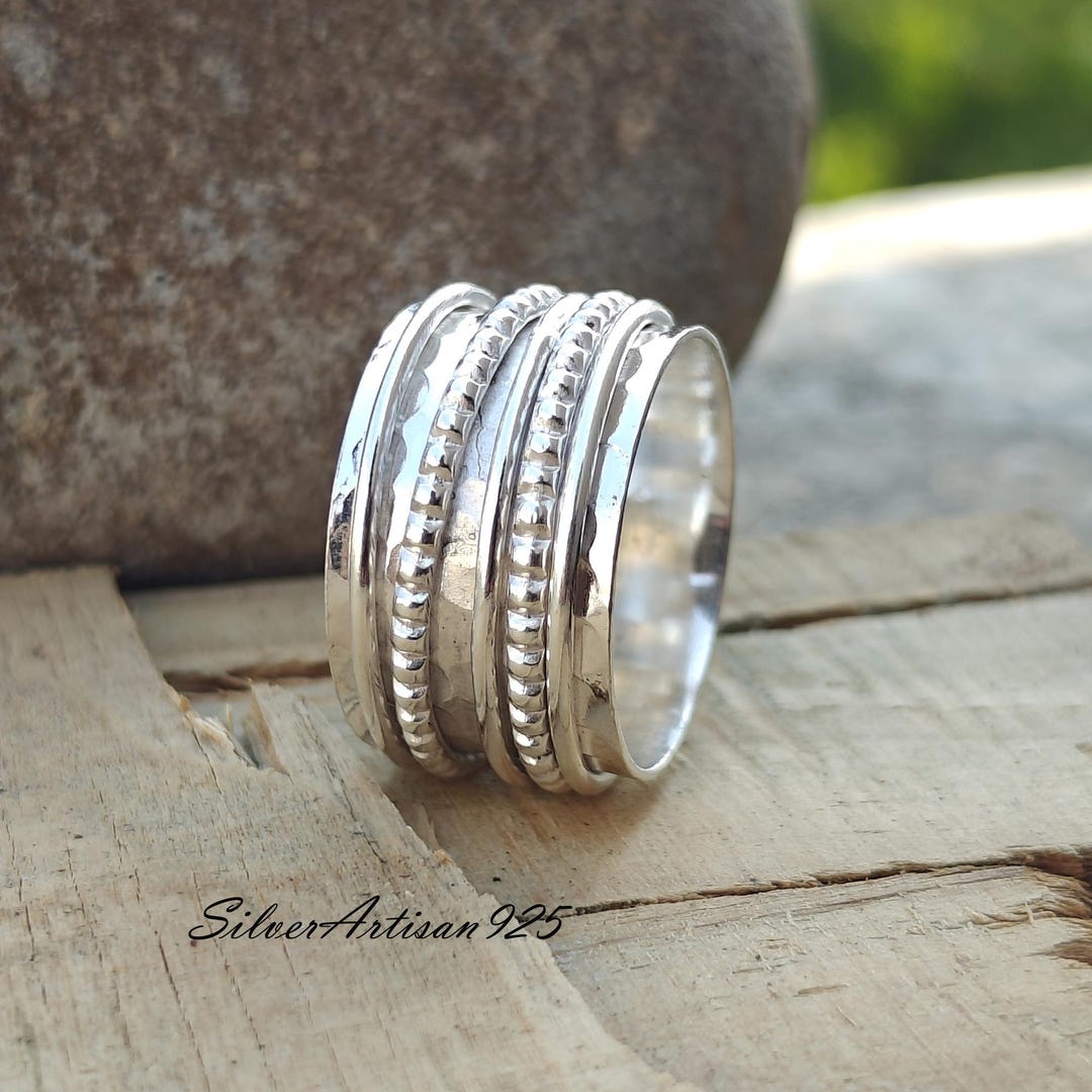 Hand Crafted Boho Spinner Ring - Hammered Silver Spinner Ring - Wide ...