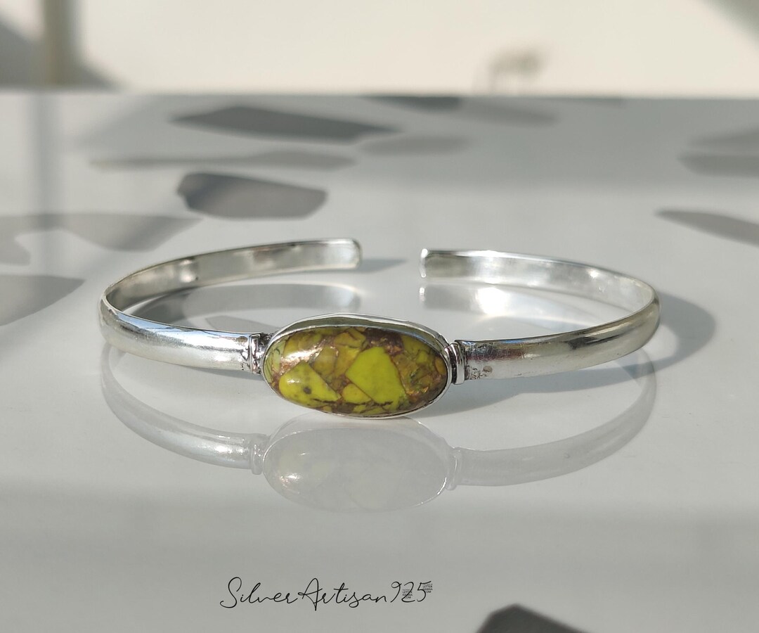 Handmade Yellow Copper Turquoise Bangle/ Sterling Silver Gemstone Cuff ...