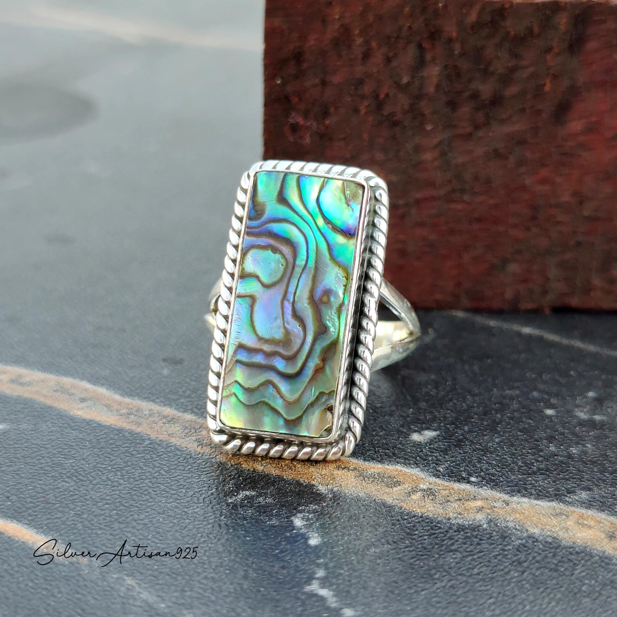 Sterling Silver Abalone Shell Ring: Rectangle Gemstone Statement Ring ...