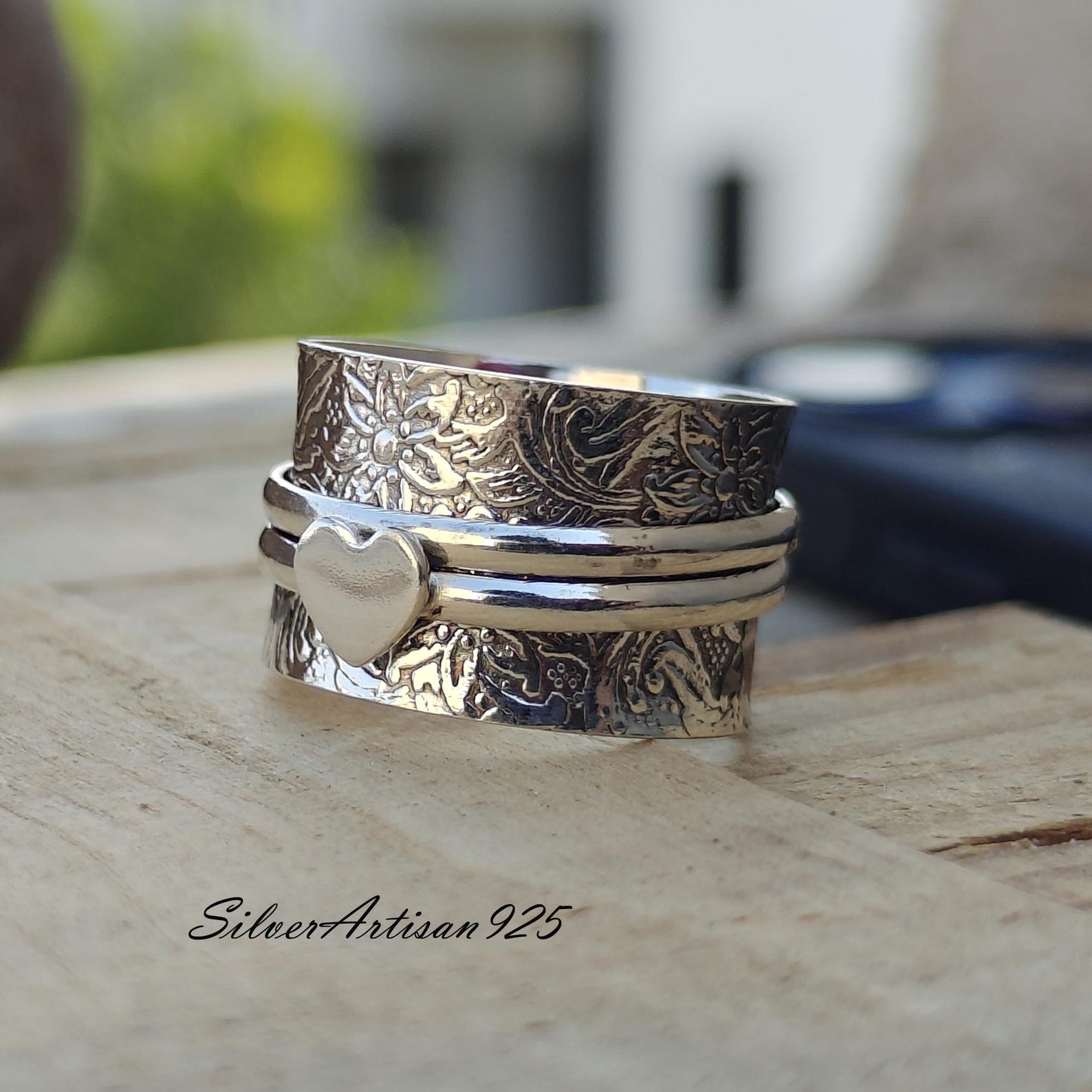Sterling Silver Heart Spinner Ring: Handmade Meditation Jewelry - Etsy