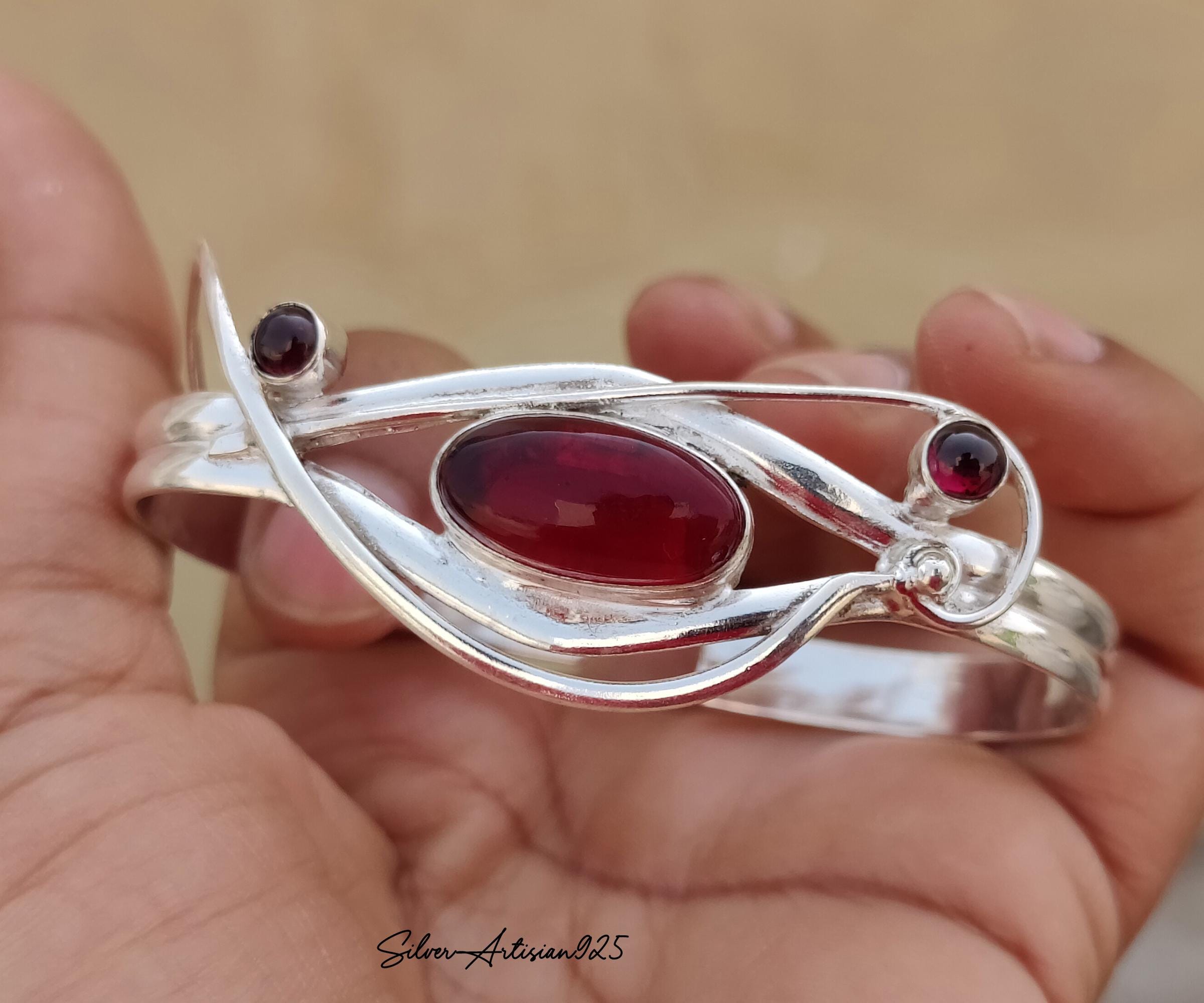 Red Garnet Sterling Silver Bangle: Handmade Elegant Jewelry - Etsy