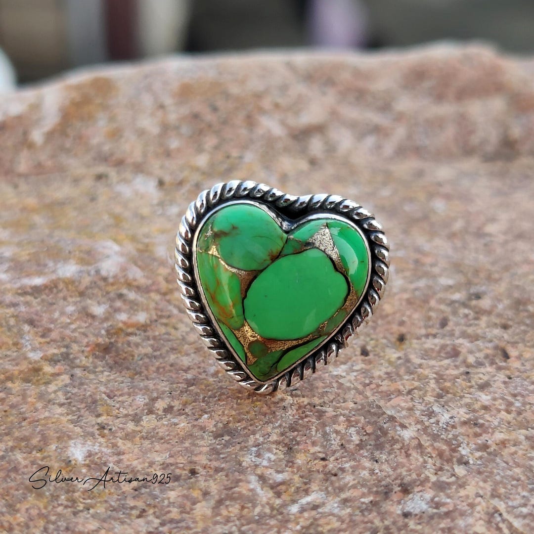Green Copper Turquoise Heart Ring: Handmade 925 Sterling Silver - Etsy