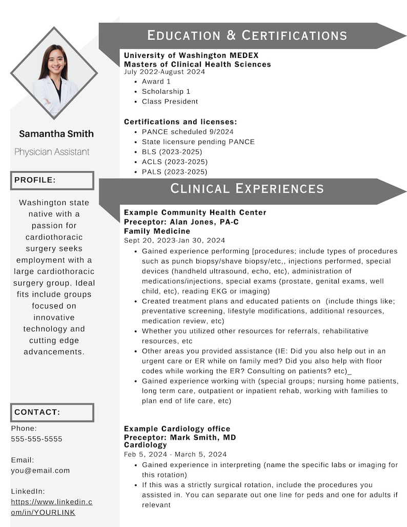 New Graduate Medical Physician Assistant Resume CV Editable Template - Etsy