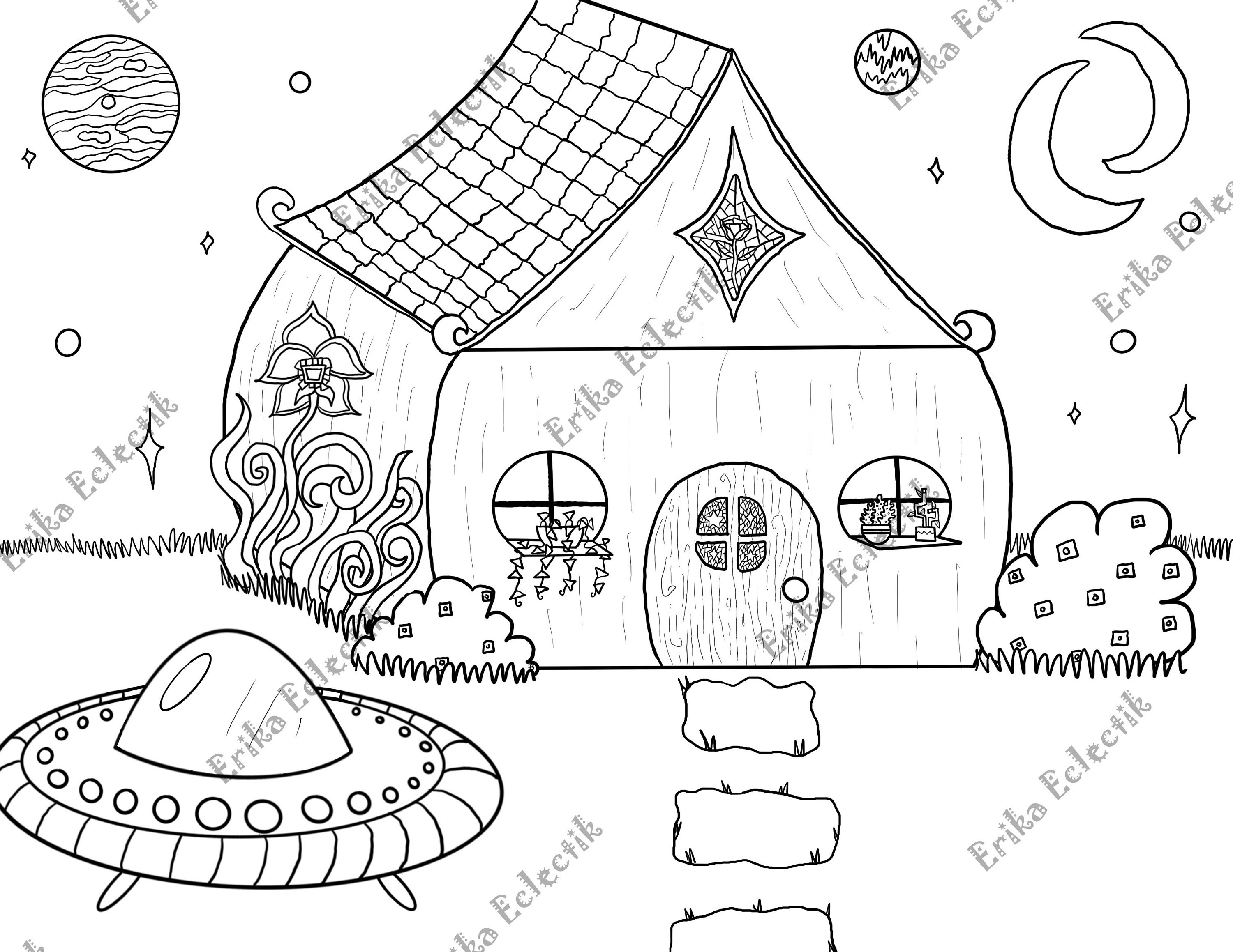 Hand-drawn Coloring Book Page // Fairy Space House by Erika Eclectik ...