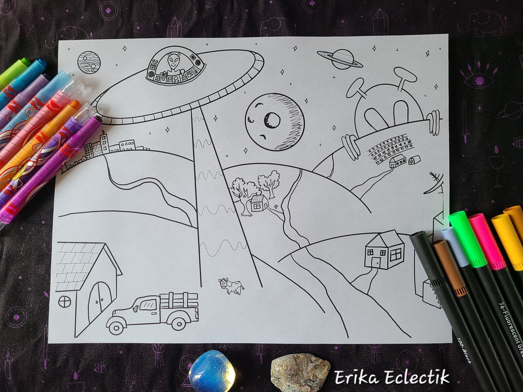 Space Invasion Coloring Book Page / Printable Adult and Child Coloring ...