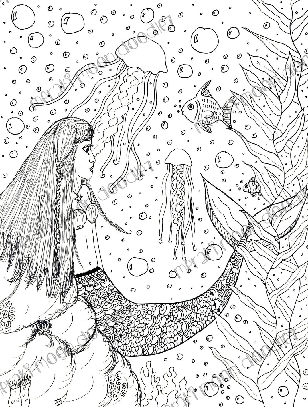 Mermaid Hand-drawn Coloring Book Page / Under the Sea/ Adult - Etsy