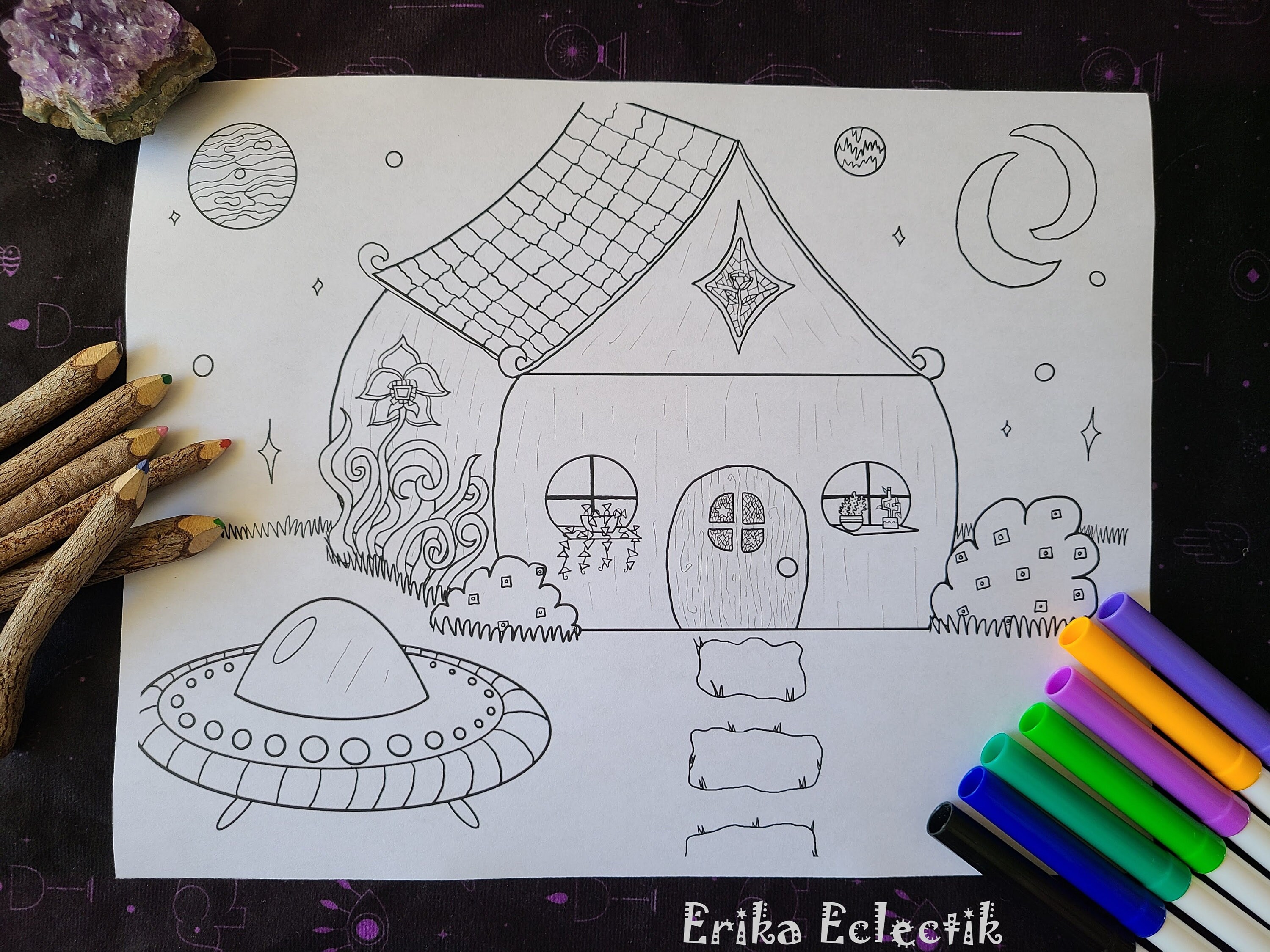 Hand-drawn Coloring Book Page // Fairy Space House by Erika Eclectik ...