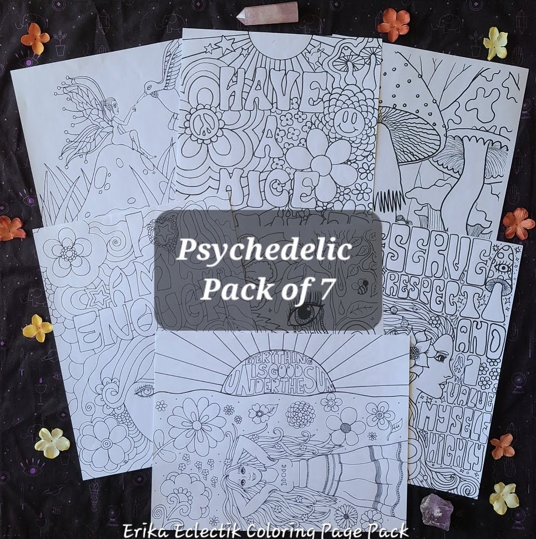 Psychedelic Pack of 6 Coloring Book Pages / Erika Eclectik Hand-drawn ...