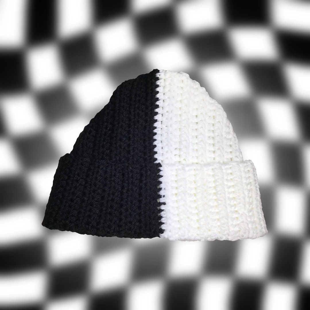 Black & White Split Color Crochet Beanie - Etsy