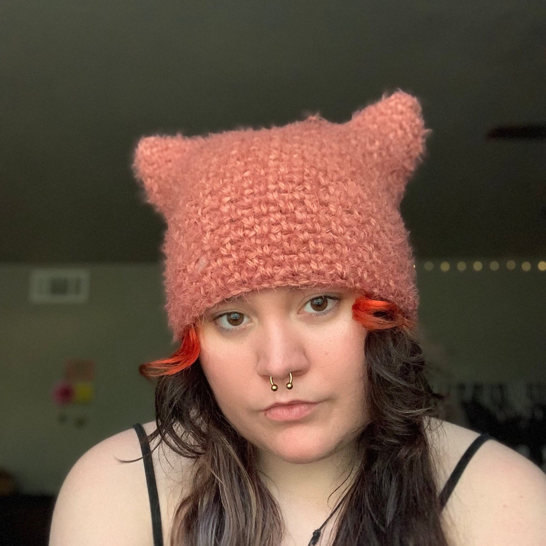 Fuzzy Coral Cat Ear Crochet Beanie - Etsy