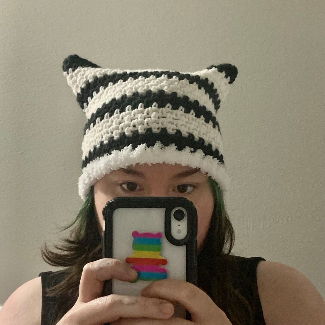 Black & White Stripes With Fuzzy Brim Cat Ear Crochet Beanie - Etsy