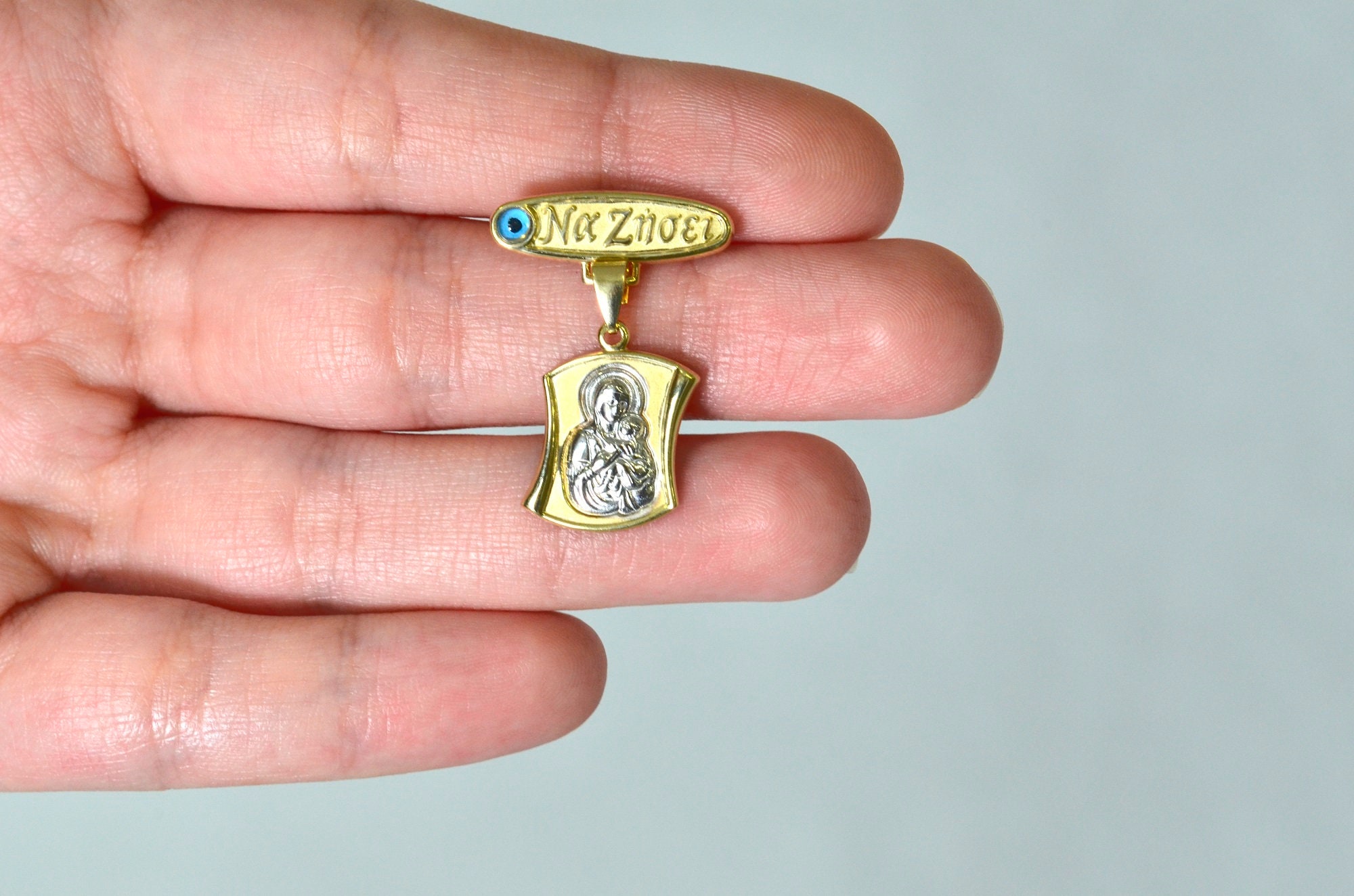 Virgin Mary & Little Jesus Safety Pin, 9K Yellow White Solid Gold,new ...