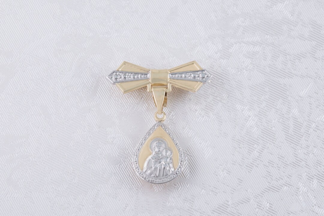 Virgin Mary & Little Jesus Safety Pin, 9K Yellow White Solid Gold,new ...