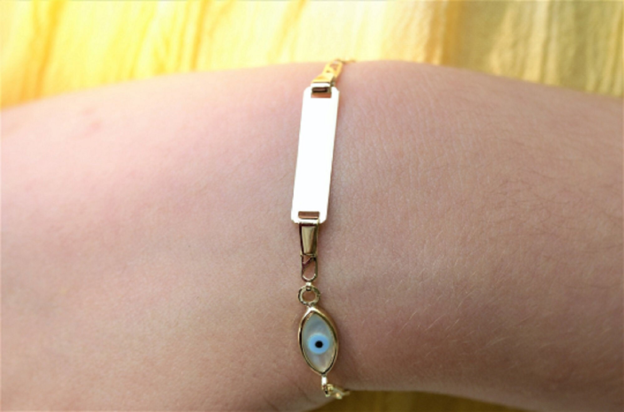 Evil Eye, Solid Gold, Engraved Name Plate Bracelet, Newborn Baby 14K ...