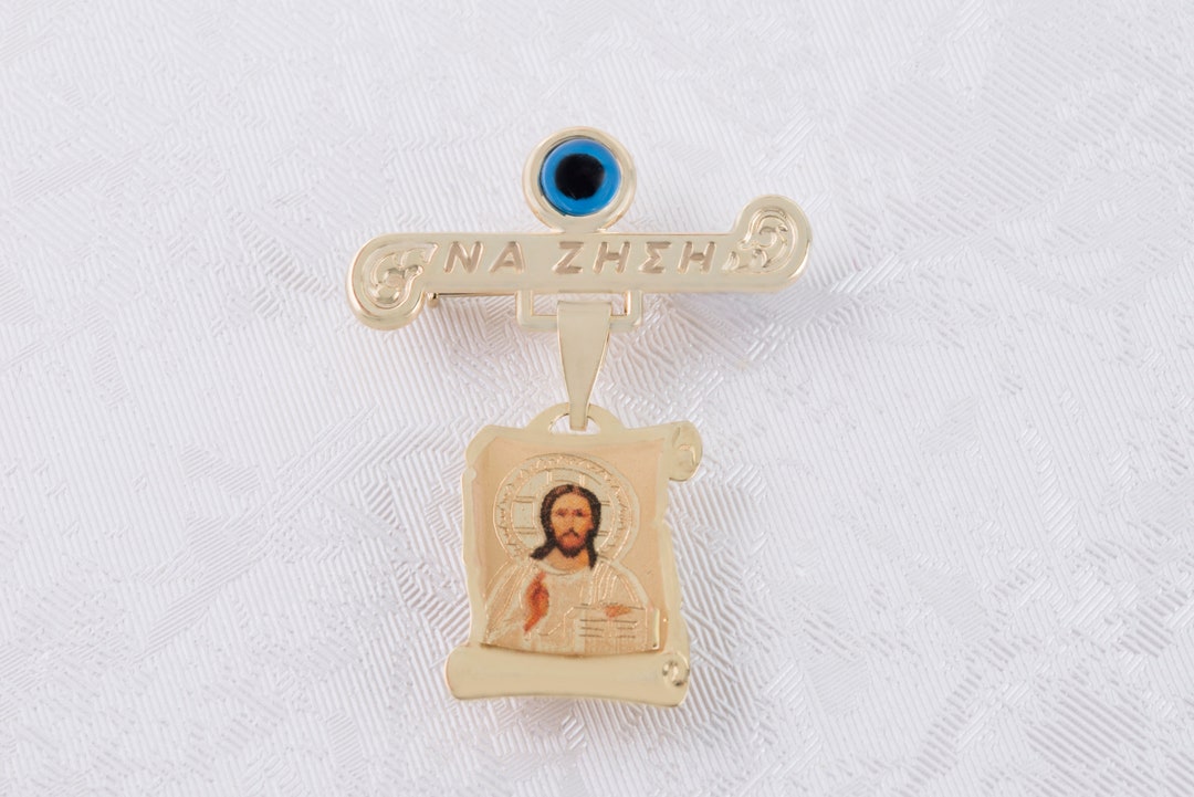 Jesus Safety Pin, 9K Solid Gold & Enamel, Blue Evil Eye,new Baby ...