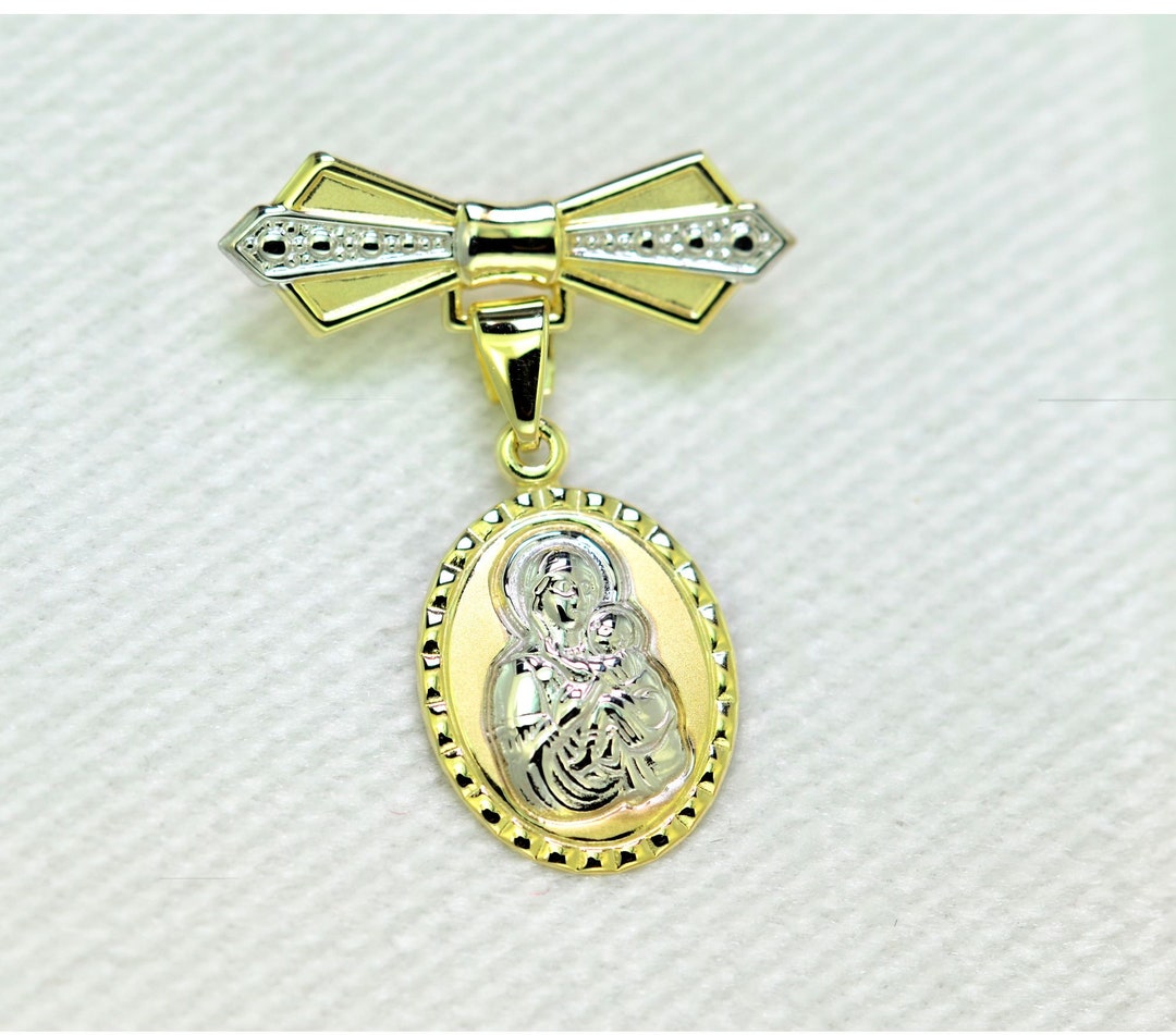 Virgin Mary & Little Jesus Safety Pin, 9K Yellow White Solid Gold,new ...