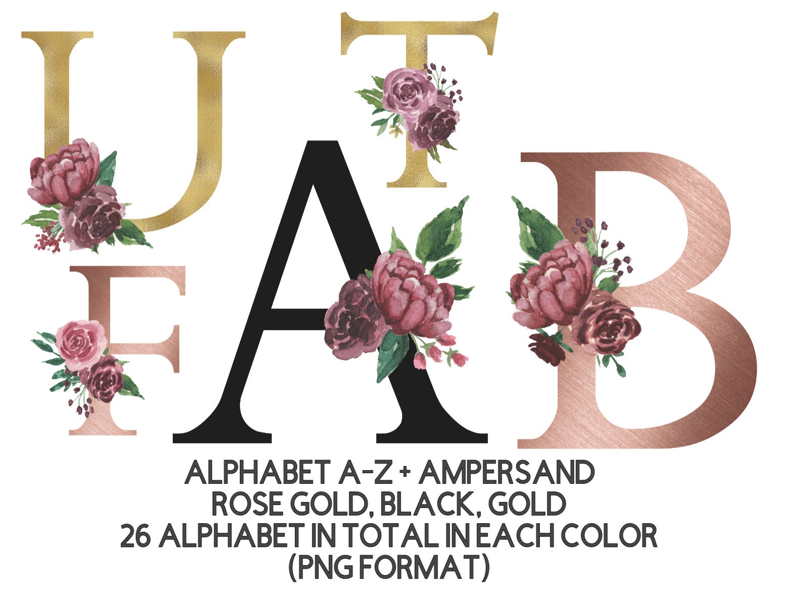 Gold alphabet PNG format Floral alphabet Rose gold alphabet Black ...