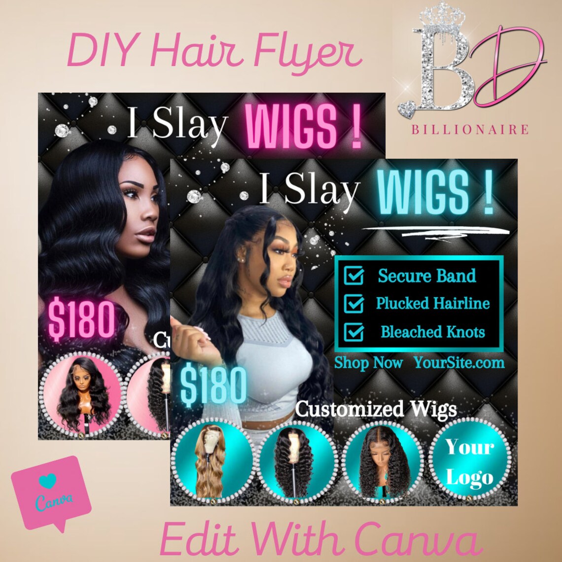 I Slay Wigs DIY Flyers Easy Edit Wig Ads Digital Hair | Etsy