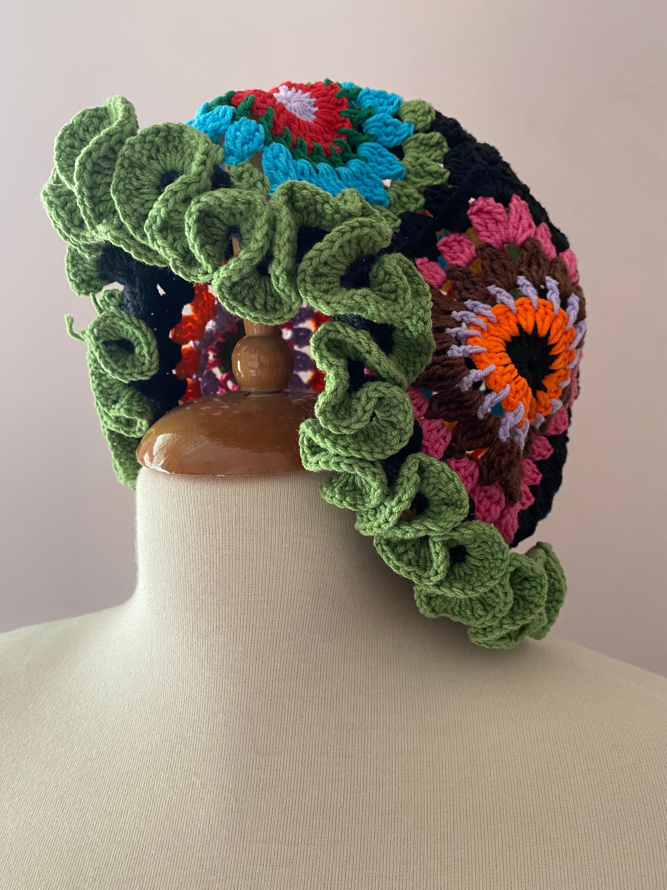 Black Granny Square Crochet Ruffle Bucket Hat, Festival Beach Sun Hat ...