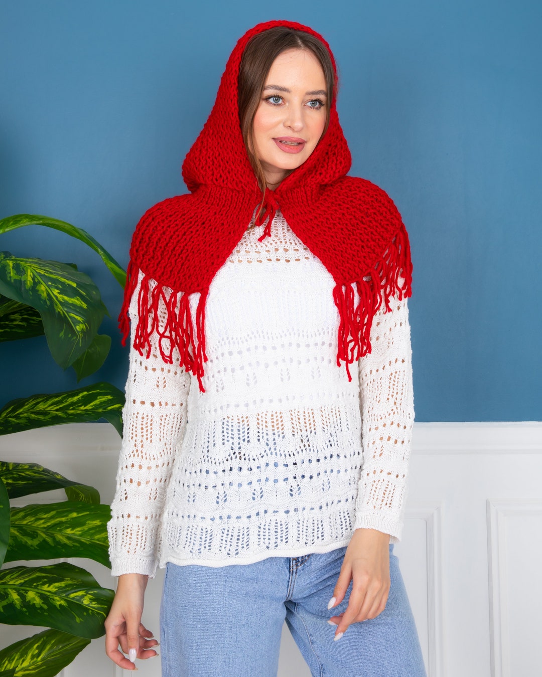 Red Wool Hooded Scarf, Cable Knit Hoodie Scarves, Wool Hooded Shawl ...