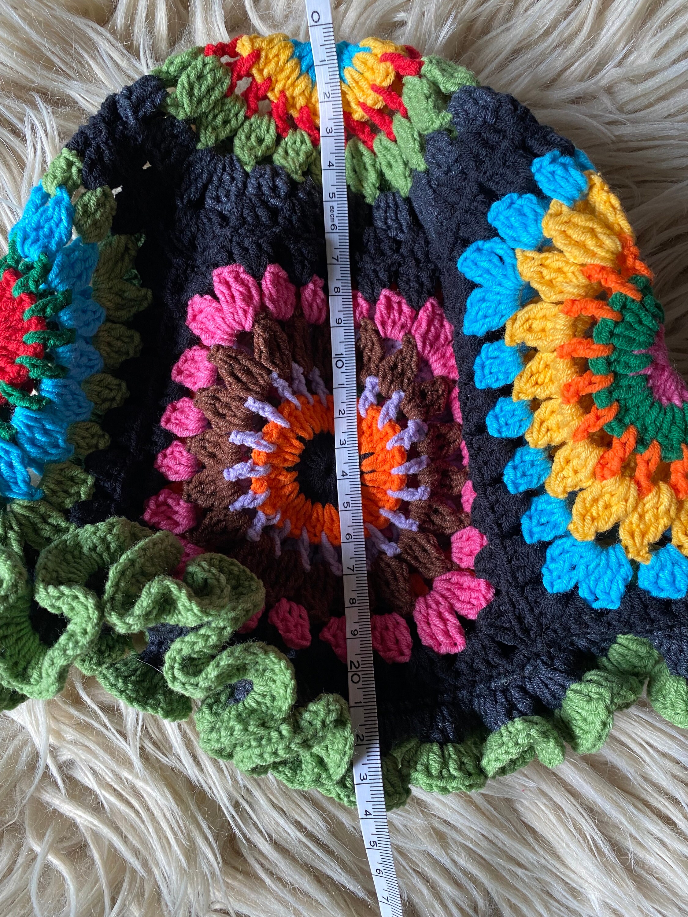 Black Granny Square Crochet Ruffle Bucket Hat, Festival Beach Sun Hat ...