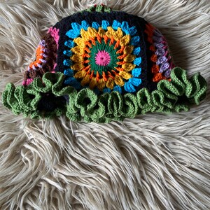 Black Granny Square Crochet Ruffle Bucket Hat, Festival Beach Sun Hat ...
