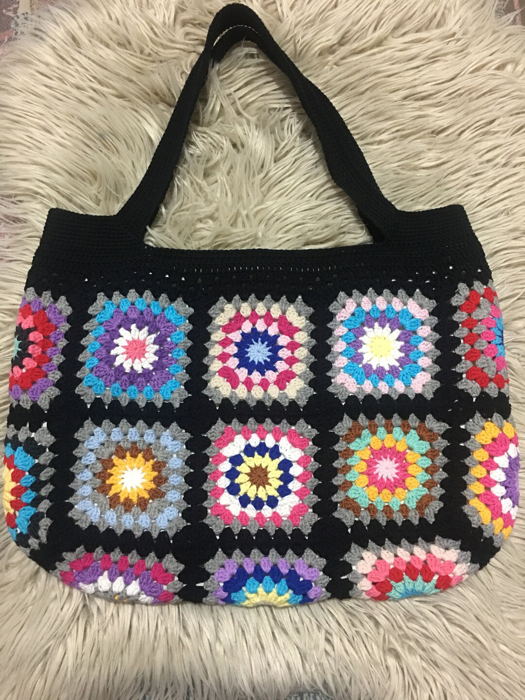 Black Granny Square Shoulder Bag, Crochet Bag, Crochet Summer Bag ...