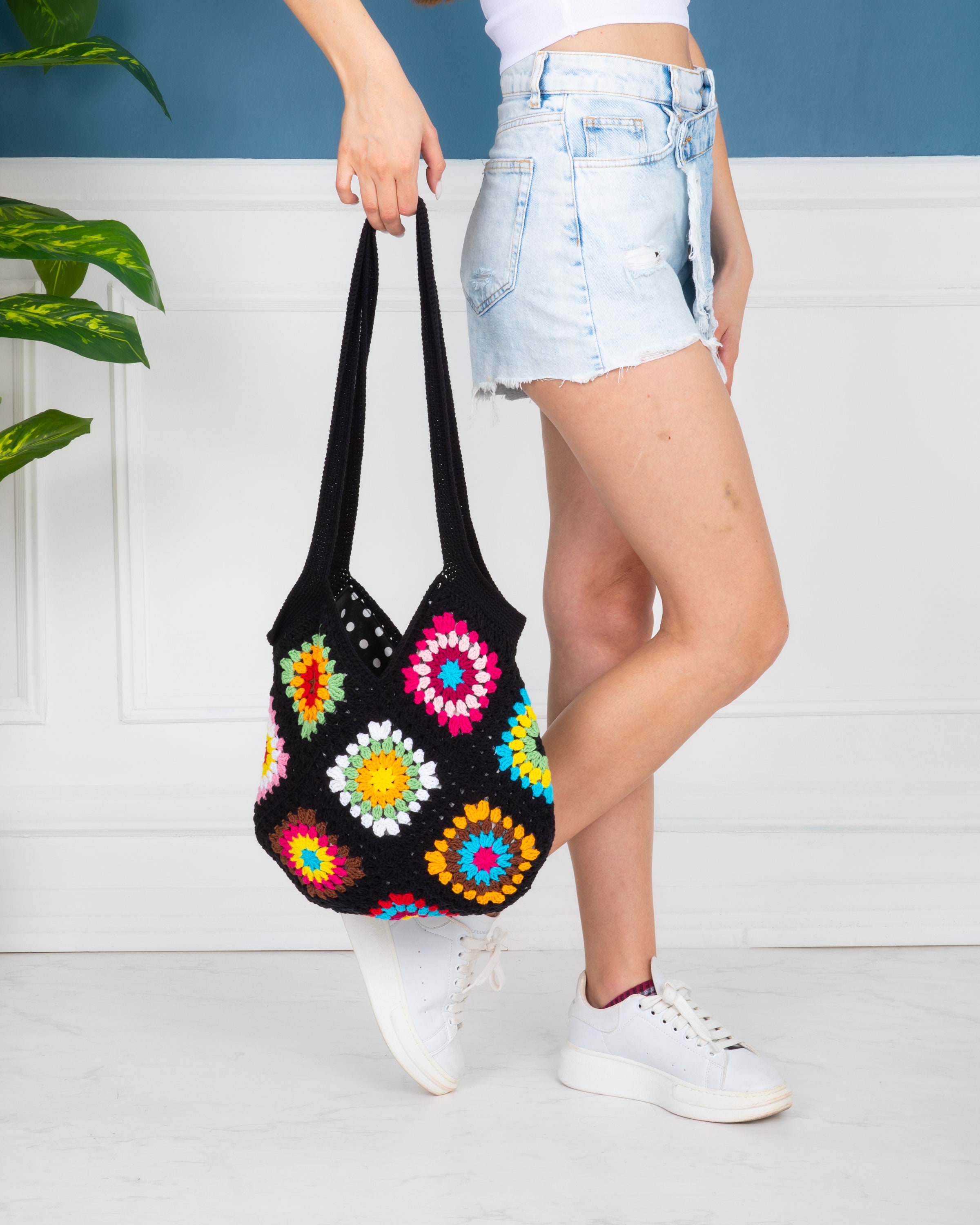 Black Crochet Shoulder Bag Granny Square Bag Crochet Tote - Etsy