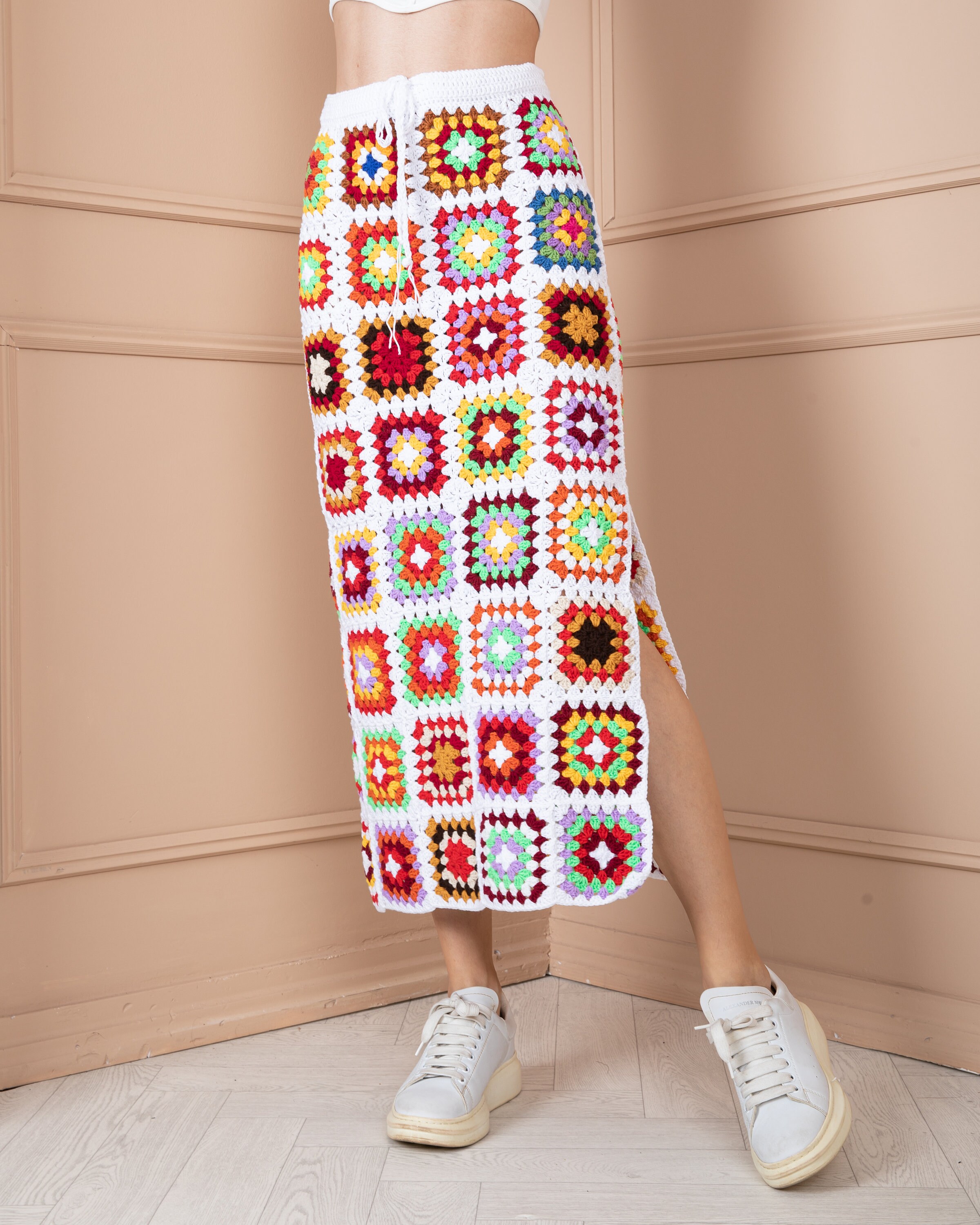 White Vintage Inspired Granny Square Maxi Skirt, Granny Square Maxi ...