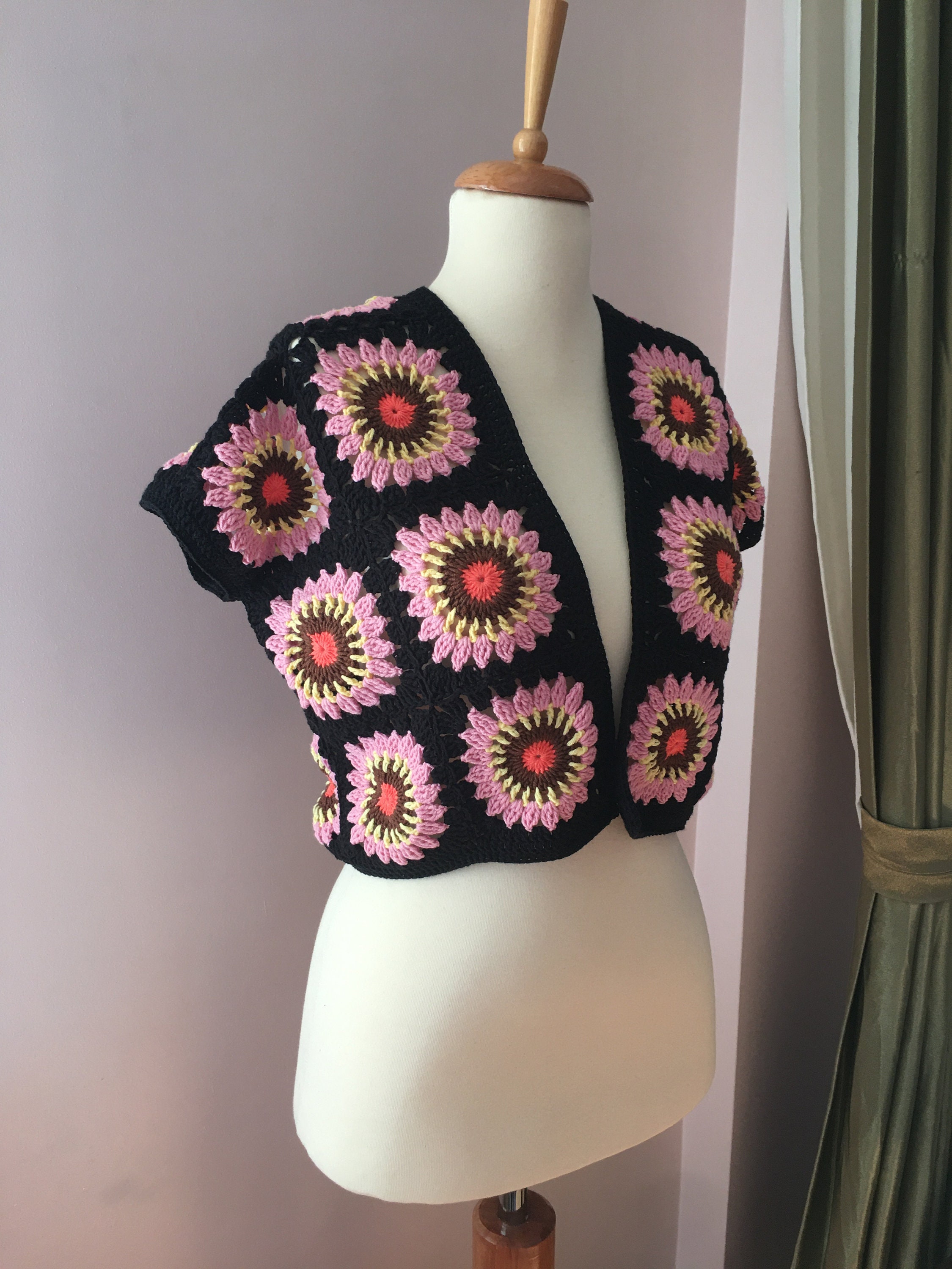 Black Crochet Vest Crochet Vest Granny Square Boho Top - Etsy