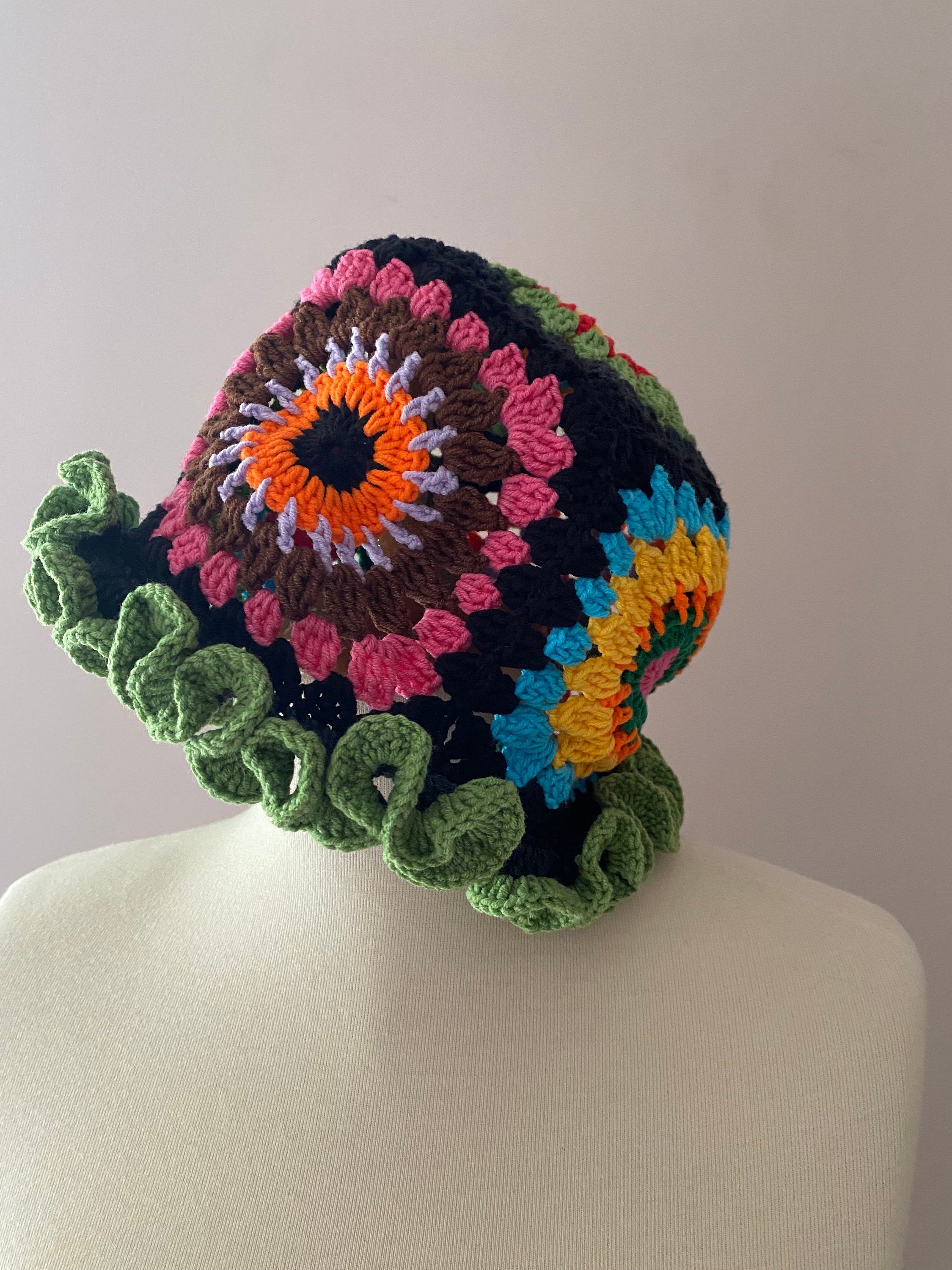 Black Granny Square Crochet Ruffle Bucket Hat, Festival Beach Sun Hat ...