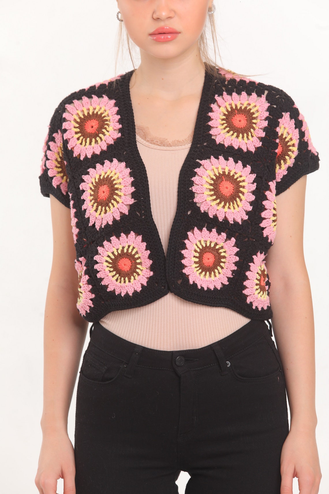 Black Crochet Vest Crochet Vest Granny Square Boho Top - Etsy