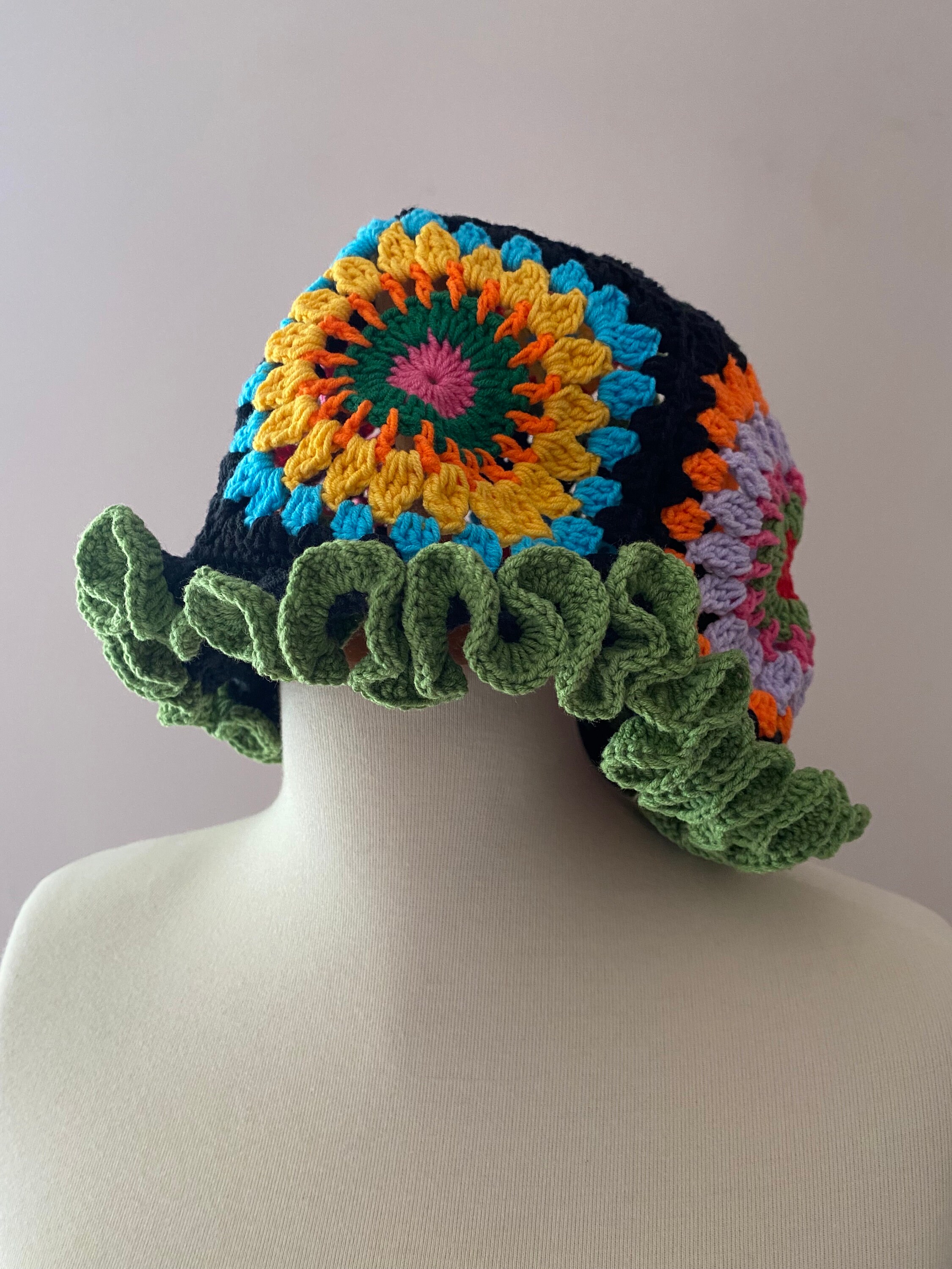 Black Granny Square Crochet Ruffle Bucket Hat, Festival Beach Sun Hat ...