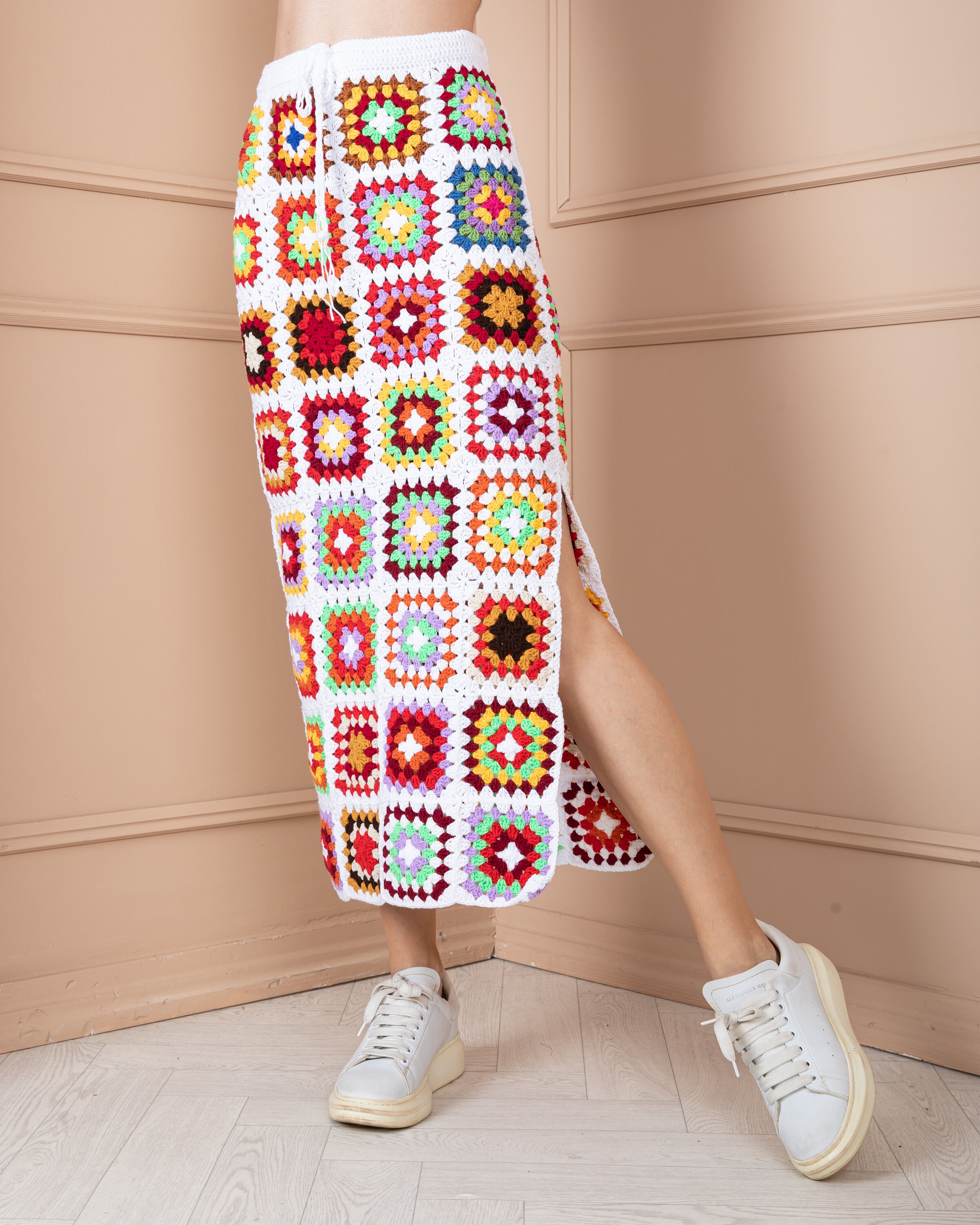 White Vintage Inspired Granny Square Maxi Skirt, Granny Square Maxi Skirt With Side Slit ...