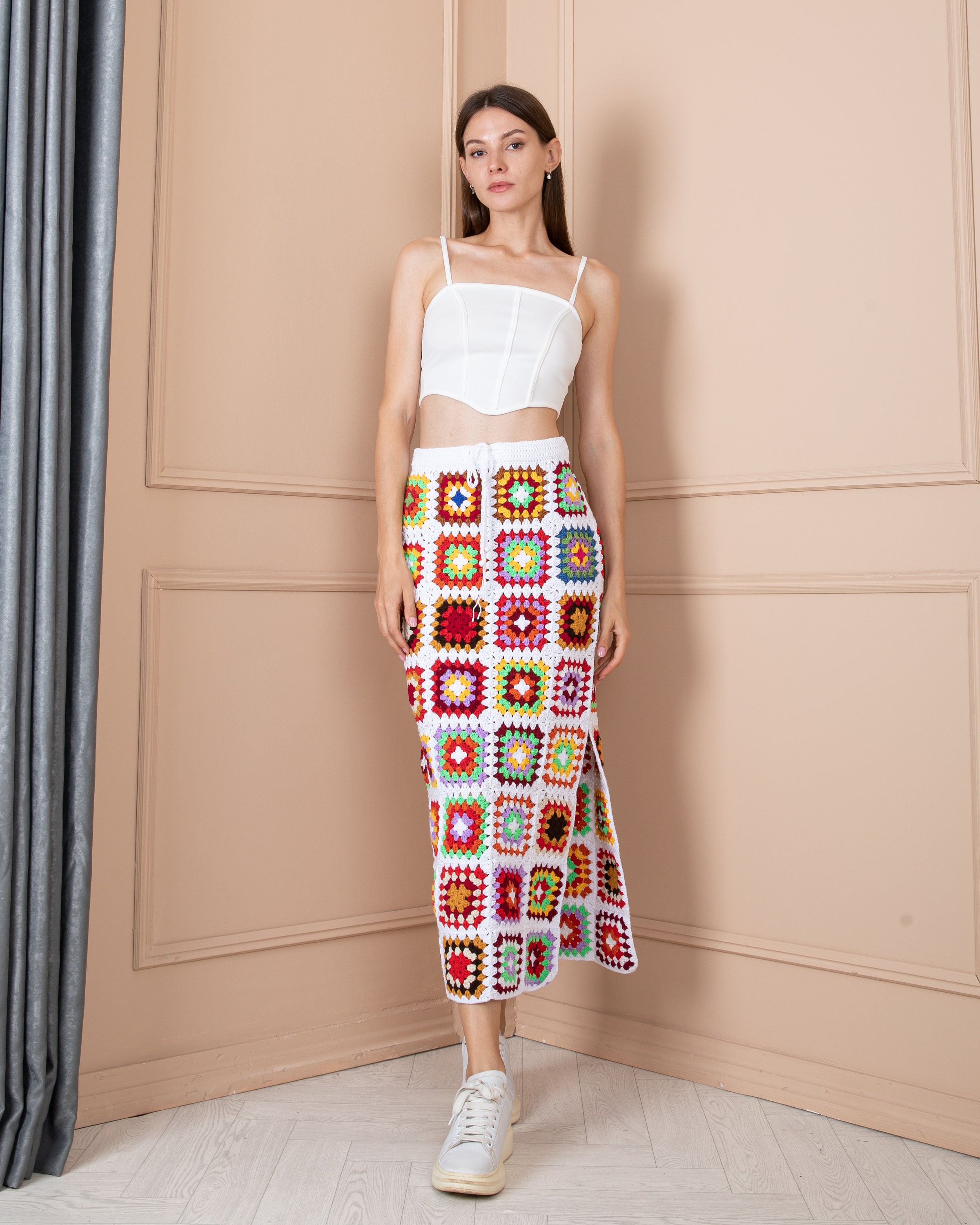 White Vintage Inspired Granny Square Maxi Skirt, Granny Square Maxi Skirt With Side Slit ...