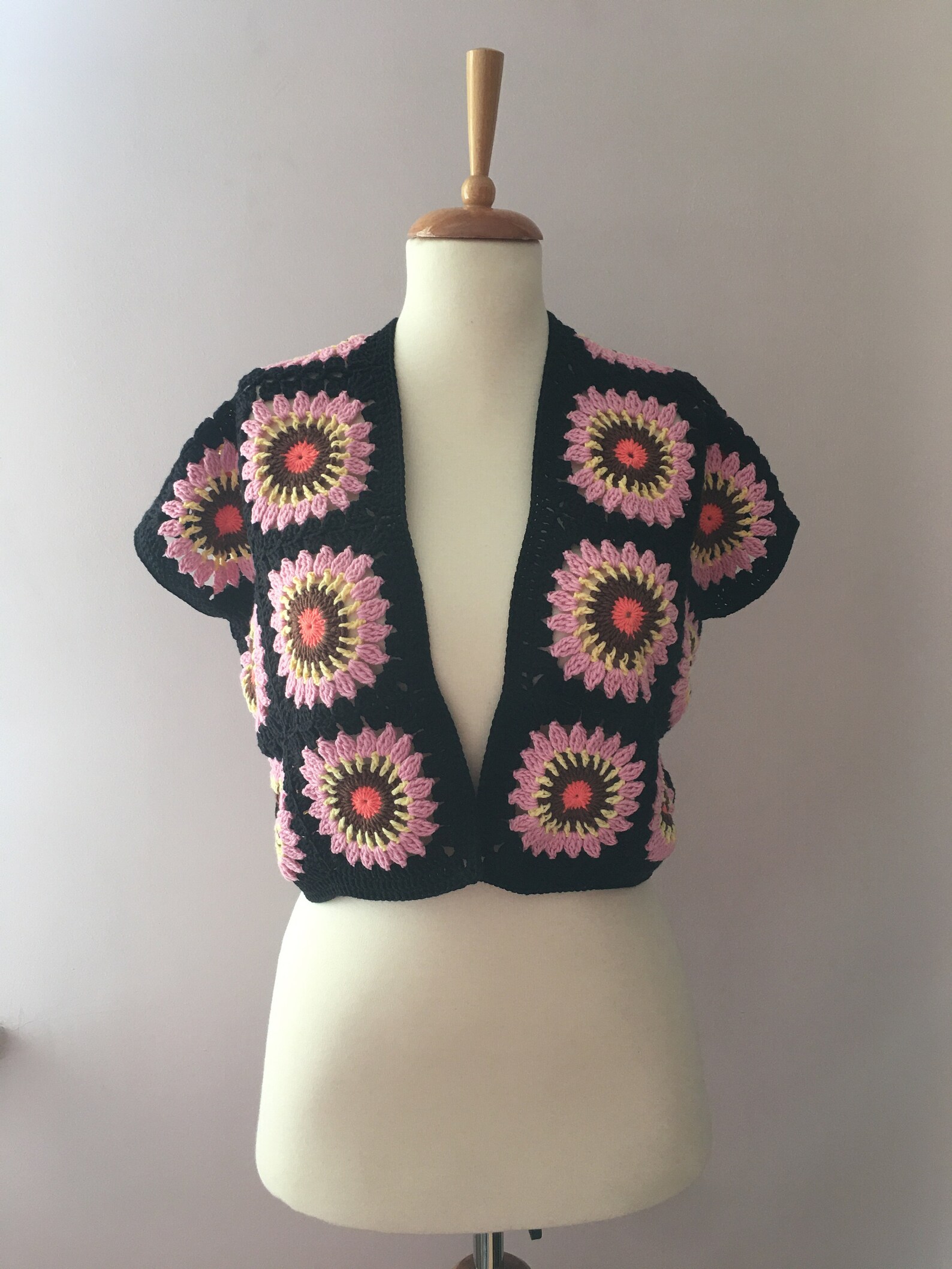 Black Crochet Vest, Crochet Vest, Granny Square Boho Top, Vintage ...