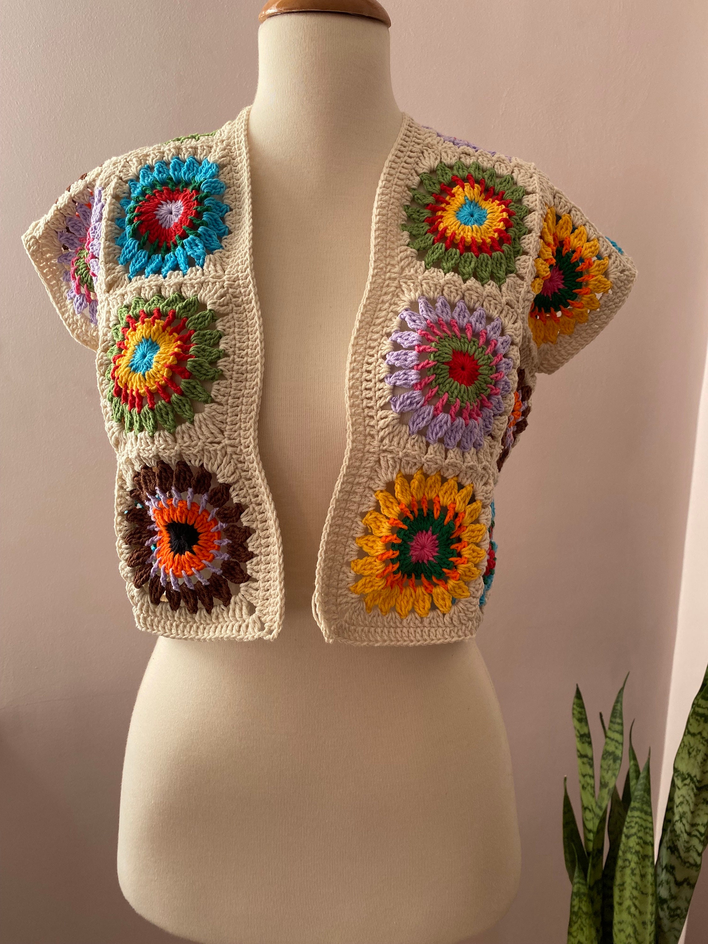 Black Crochet Vest, Crochet Vest, Granny Square Boho Top, Vintage ...