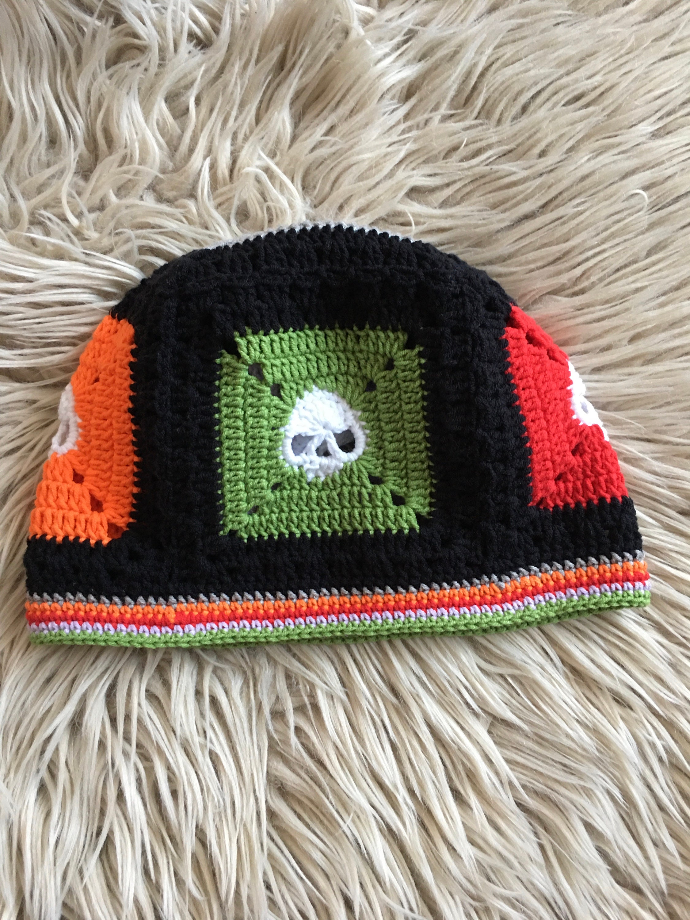 Crochet Granny Square Skull Hat, Crochet Bucket Hat, Crochet Skull Cap ...