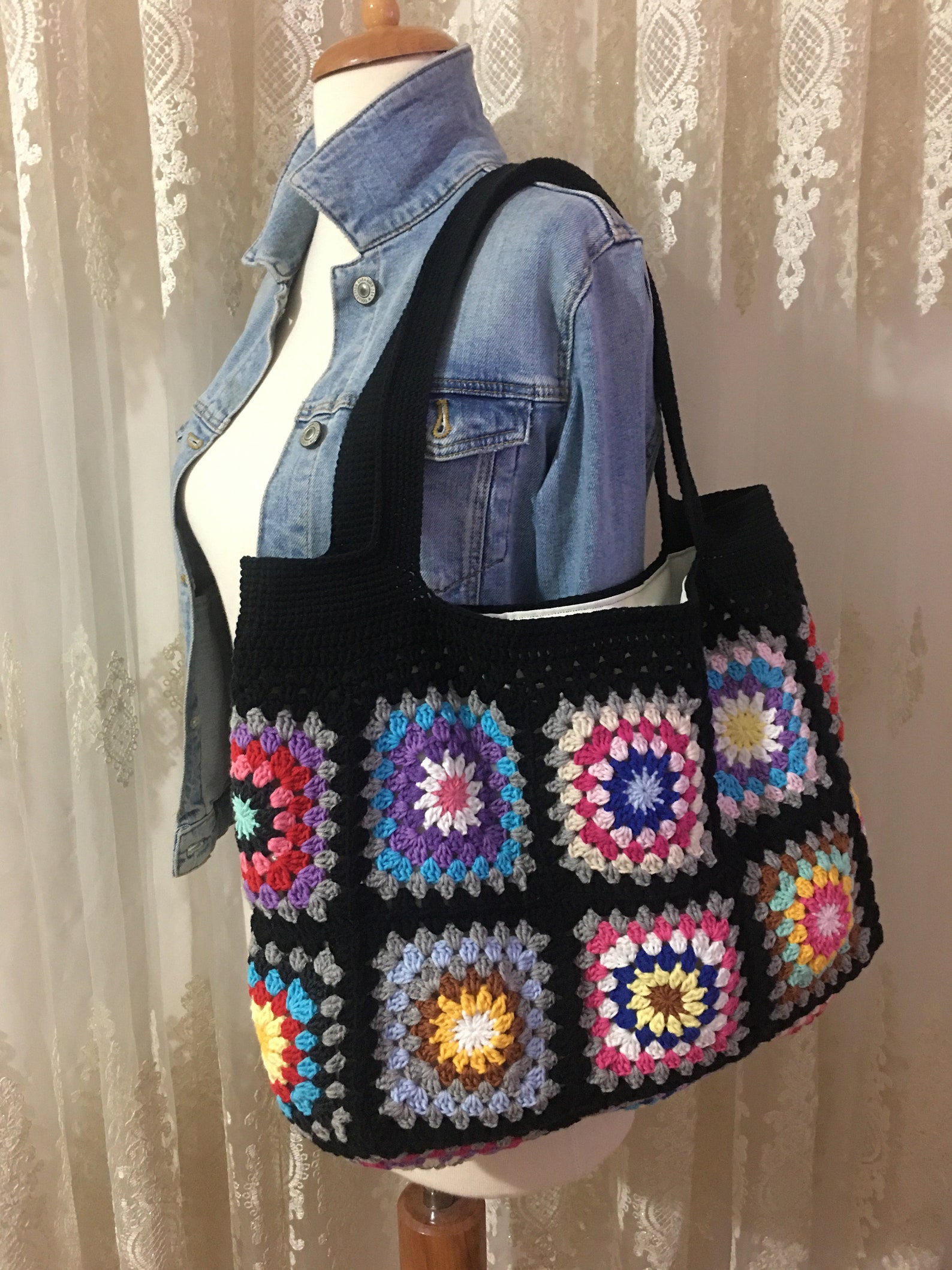 Black Granny Square Shoulder Bag, Crochet Bag, Crochet Summer Bag ...
