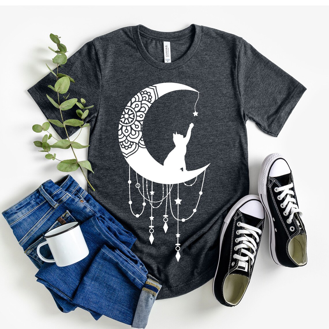 Cat Sitting on Moon Shirt Mandala Cat Moon Tee Cat Lover | Etsy