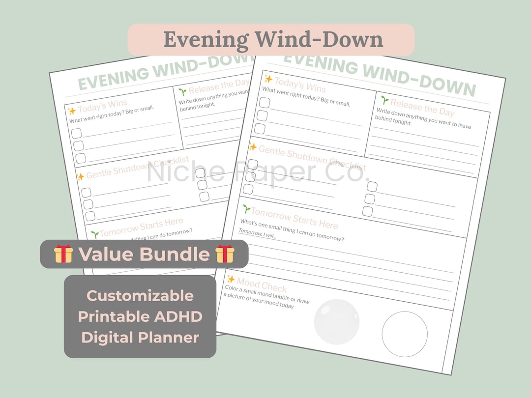 ADHD Evening Planner Bundle – Gentle Shutdown + Create Your Own Wind ...