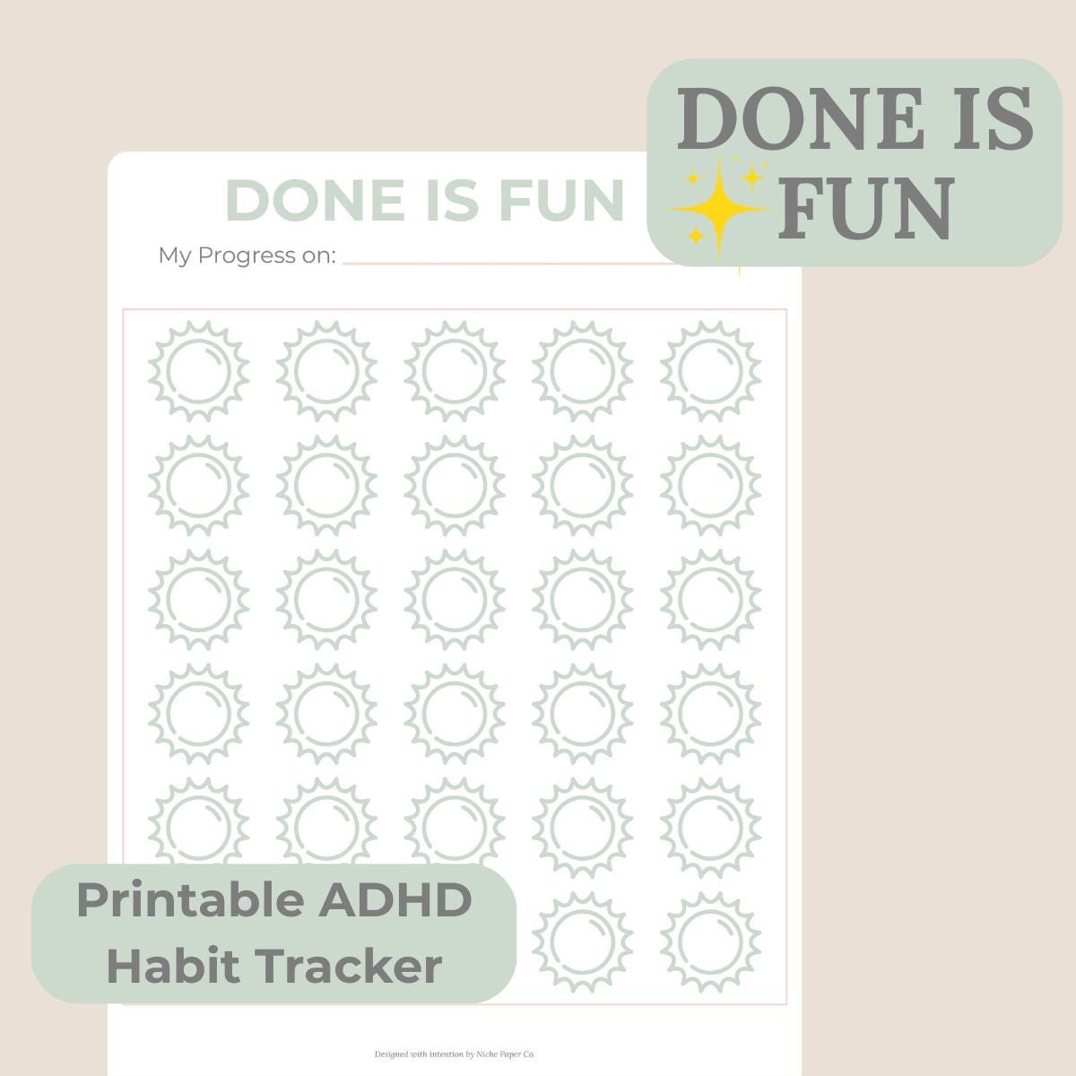 ADHD Habit Tracker – “done is Fun” Sun Icon Printable (30-day Visual ...