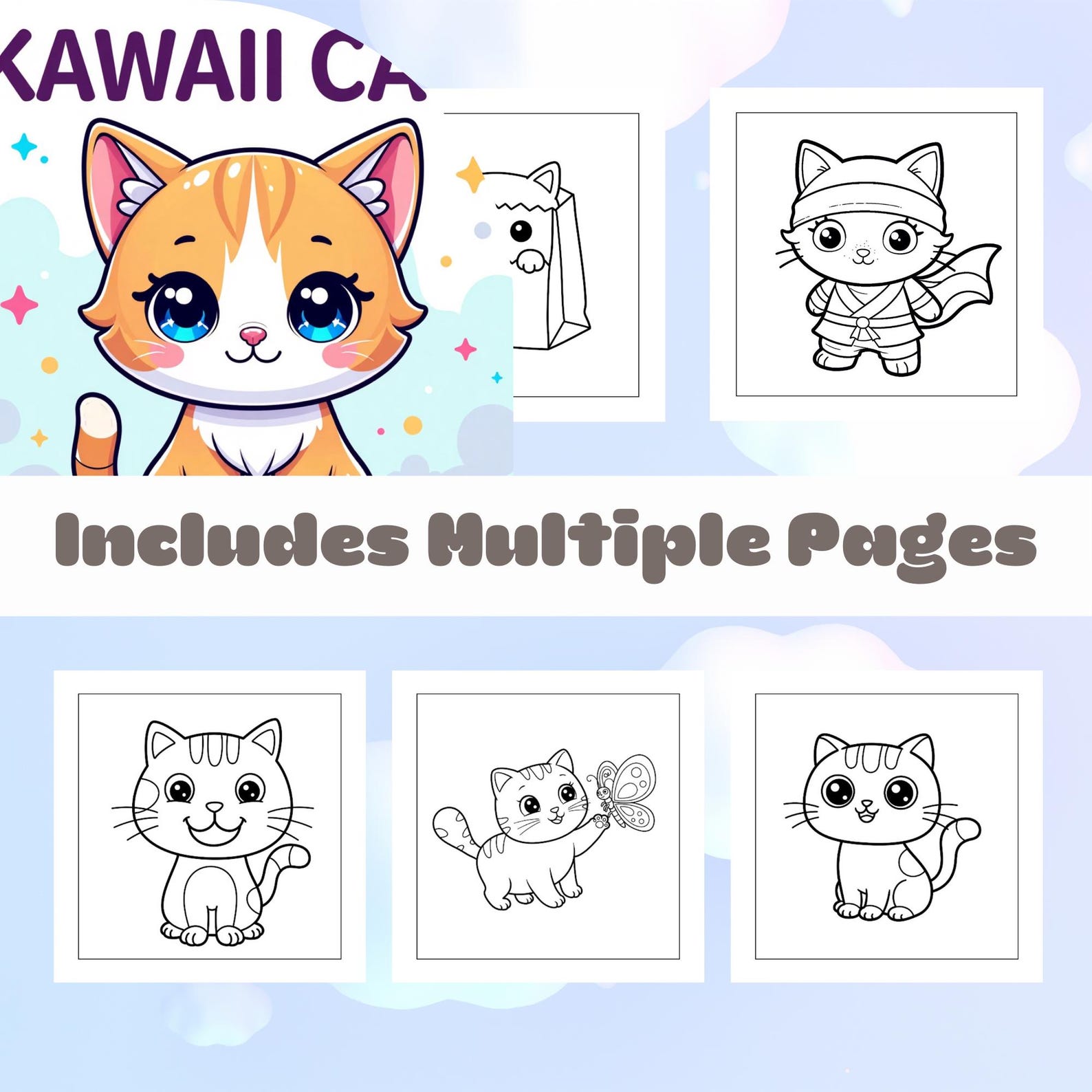 Kawaii Cat Coloring Pages | Cute Printable Cat Art for Kids & Adults ...