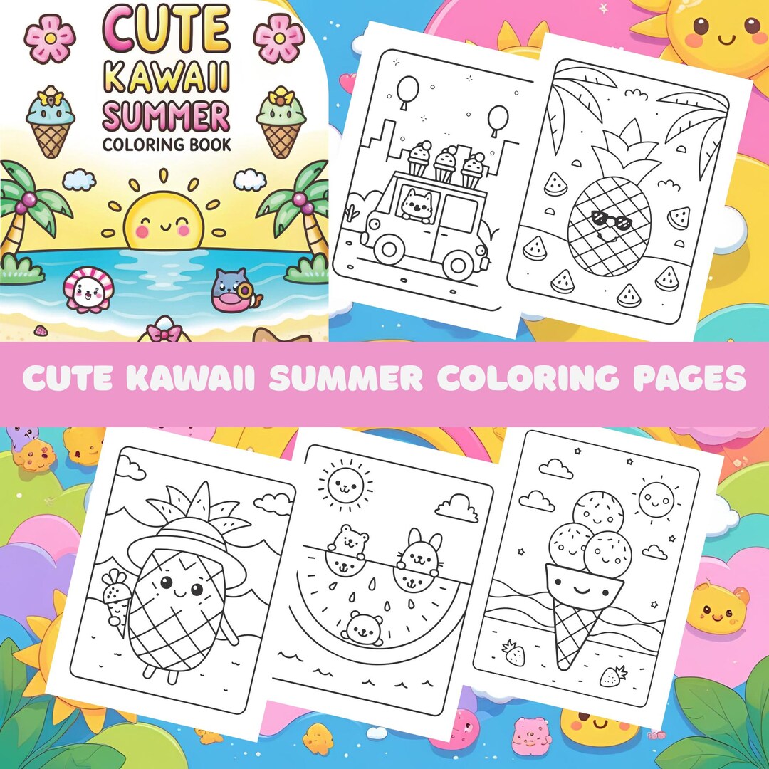 Kawaii Summer Coloring Pages – Beach Vacation Art, Kids' Fun (printable ...